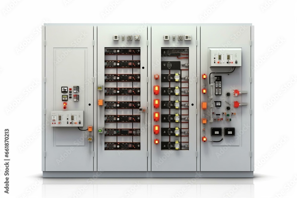 3D rendering of an industrial control panel with cabinets and ...