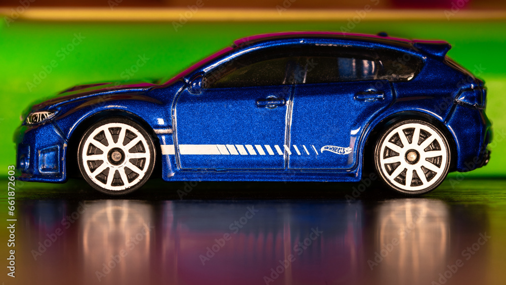 Hot Wheels model of blue Subaru Impreza WRX STI. Left side view Stock ...