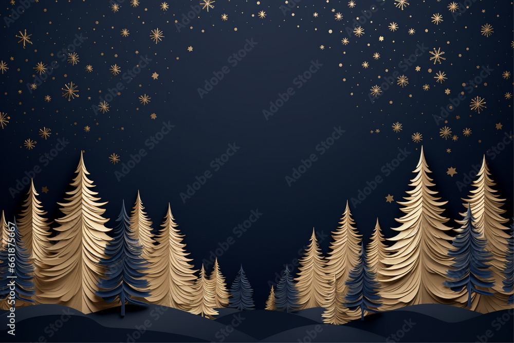 merry christmas background with blue star and gold pine trees Stock ...