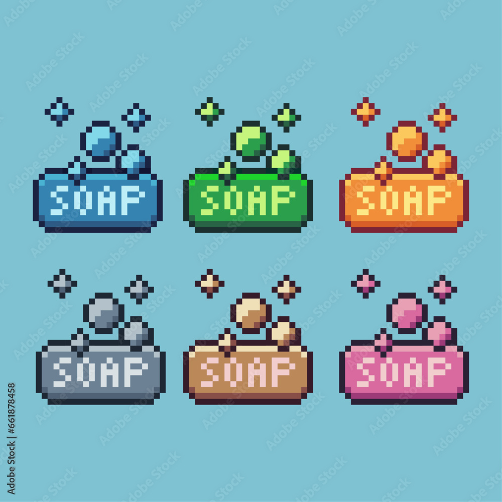 Pixel art sets of soap for taking bath with variation color item asset ...