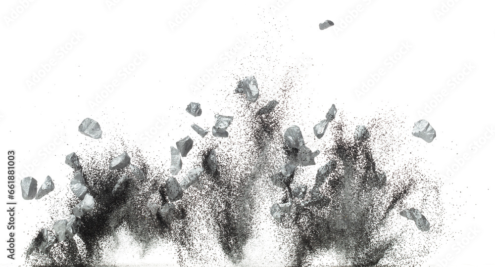 Silver ore nugget fly fall from Mining float in air. Many pieces silver ...