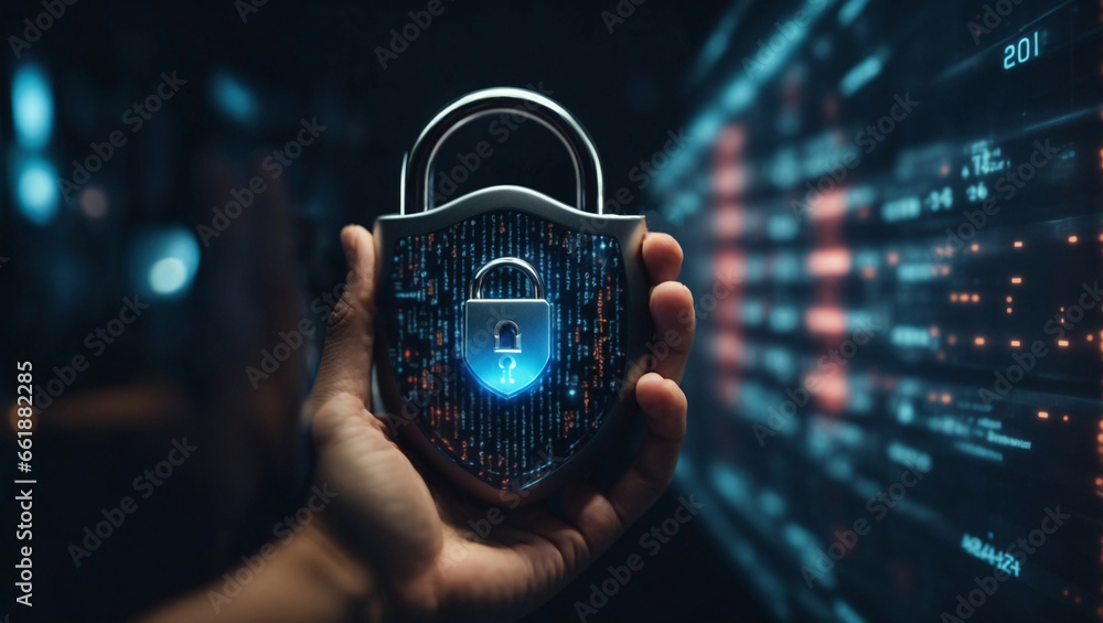 Person holding a cyber security lock logo, create a 3D rendering of a ...