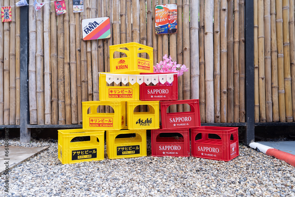 Chiang Mai, Thailand - October 14 2023: Stacks of empty plastic yellow ...