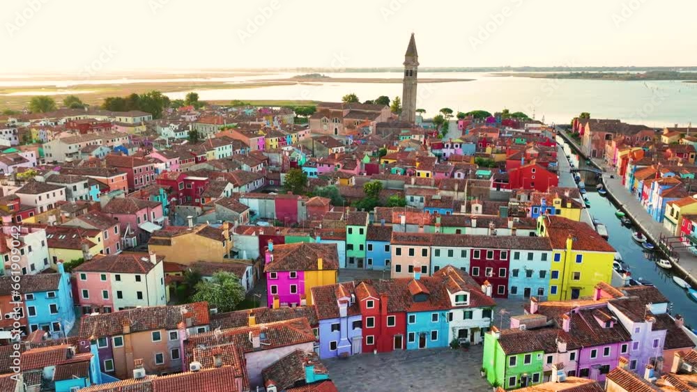 Aerial view of Burano Island, colorful houses, Church of Saint Martin ...