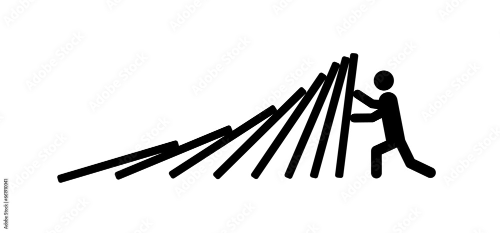 Cartoon stickman stop falling domino effect. Stack break crisis ...