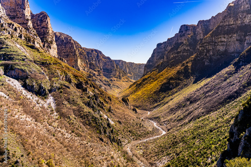 Vikos Mountain Gorge View Point on the giant mountains range and the ...