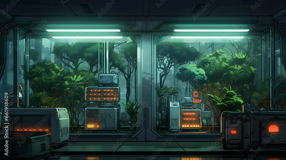 Digital technology high-tech space station indoor scene poster web page ...