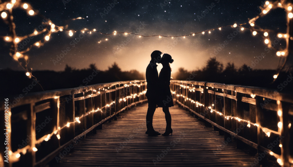 A romantic couple on a rustic wooden bridge from the back, illuminated ...