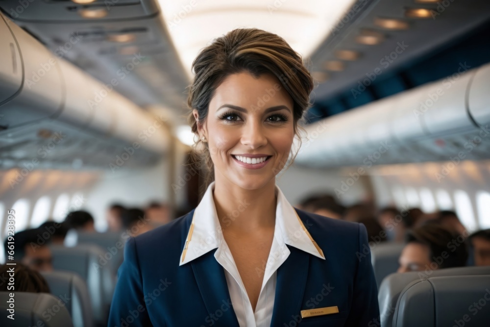 portrait of a AIr hostess inside a plane smiling - cabin crew member ...