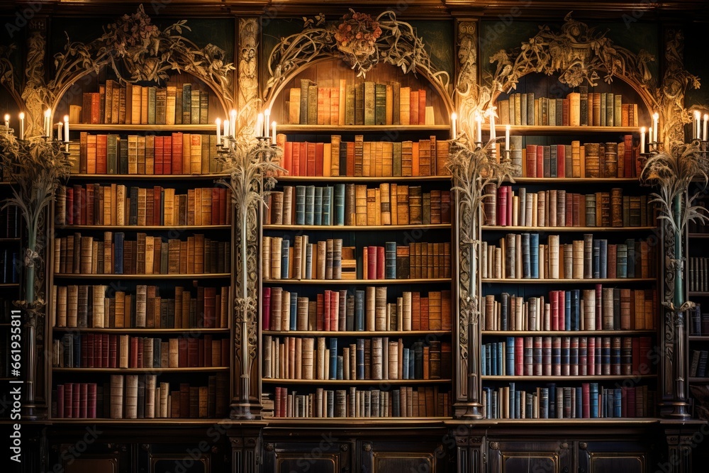 Bookshelves with books in an old baroque library by candlelight Stock Illustration | Adobe Stock