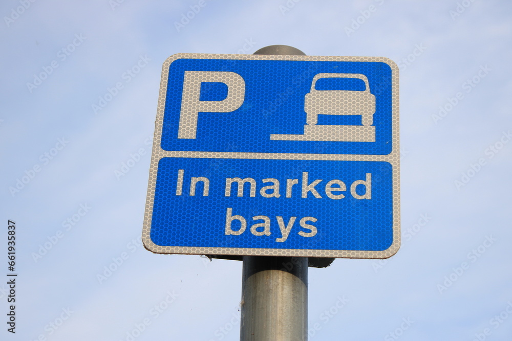 Blue Parking sign with P symbol and car symbol "Park in marked bays ...