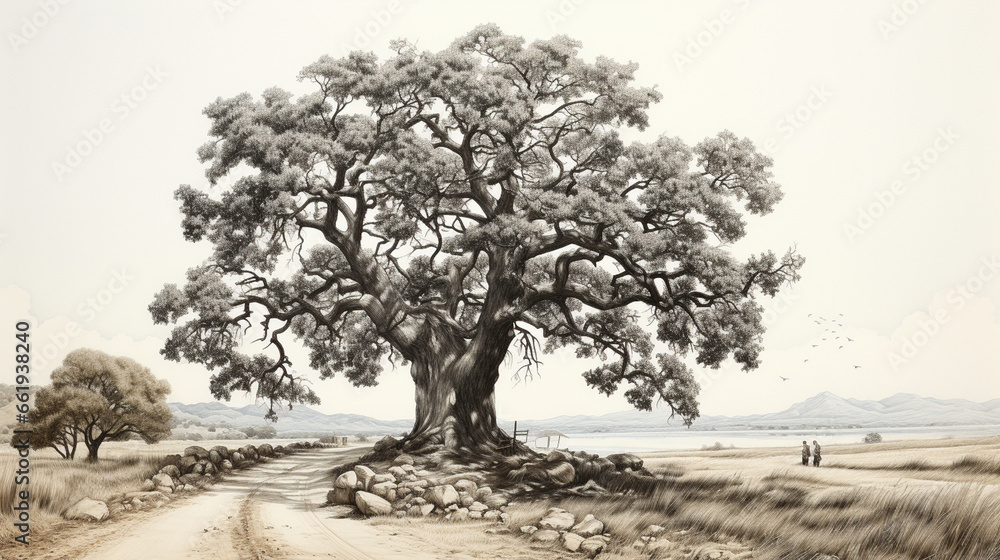 Ancient Oak Tree: A meticulously shaded pencil drawing of an ancient ...