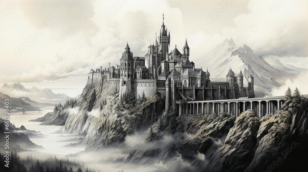 Fantasy Castle: A highly detailed black and white pencil drawing of a ...