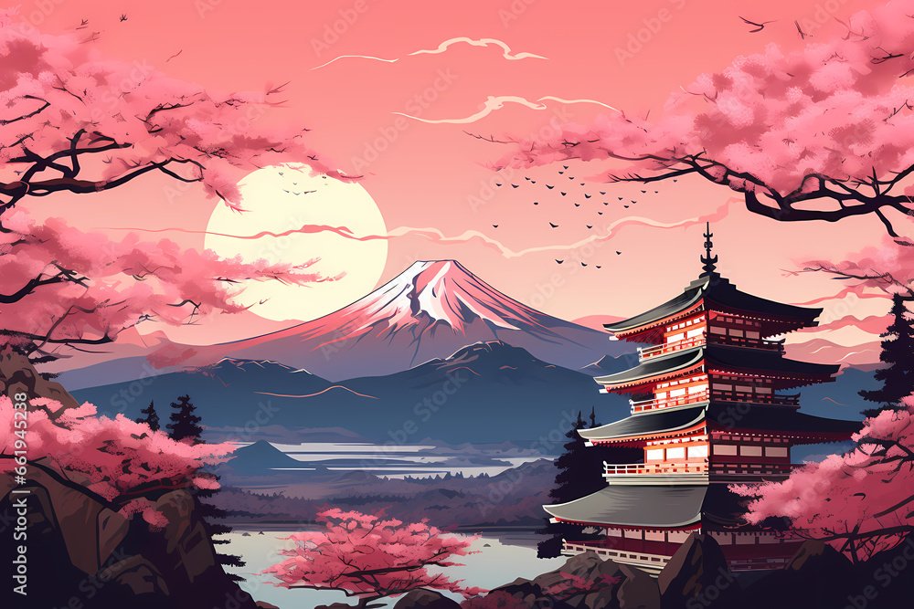 cherry blossoms in spring chureito pagoda and fuji mountain cartoon ...