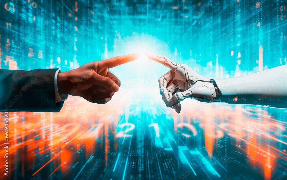 human and robot hand touch each other with their fingers in a delicate ...