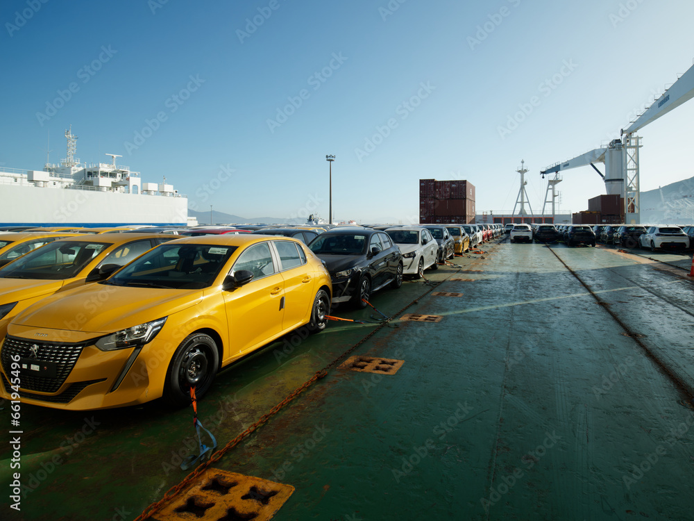 TANGER MED , MOROCCO - 12 2023: The car deck of a big roro ship during ...