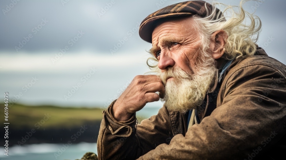Middle-aged Irish man deep in thought, reflecting on his Irish heritage ...