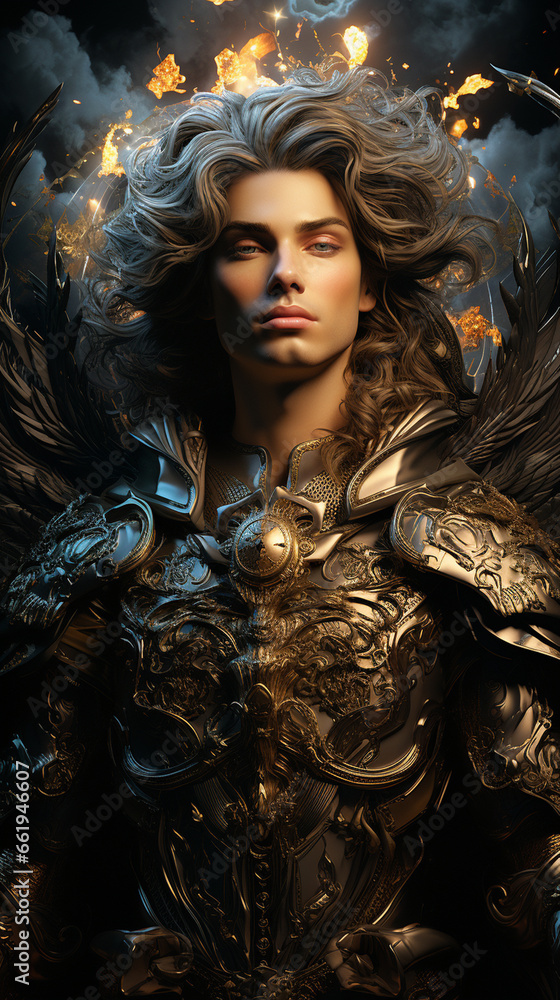 Saint Archangel Michael, with large white and golden wings, a powerful ...