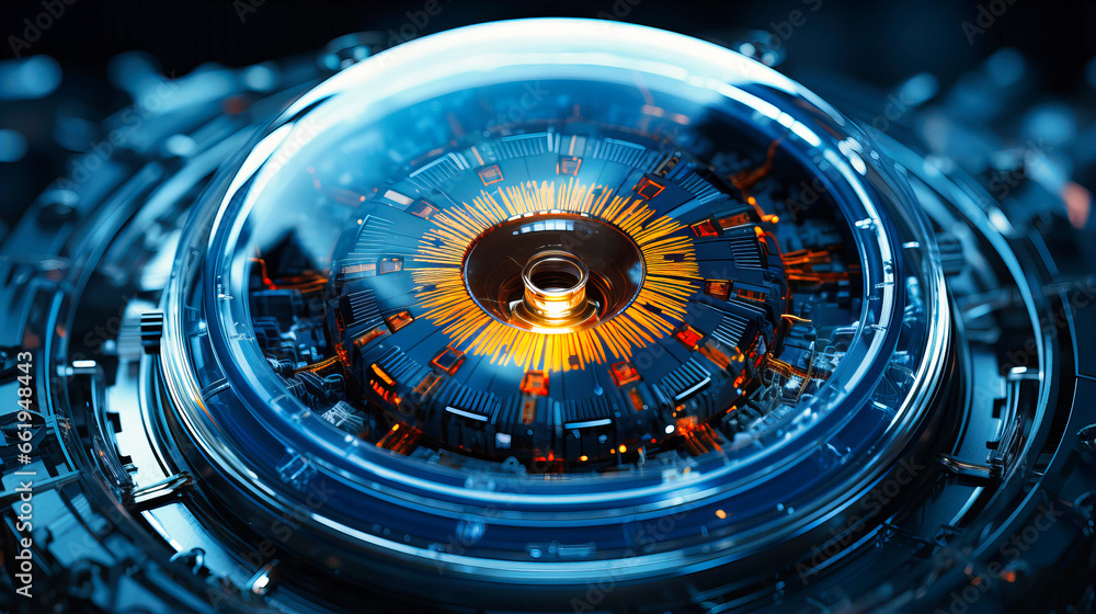 Detailed observation of a bionic eye lens zooming in and out Stock ...