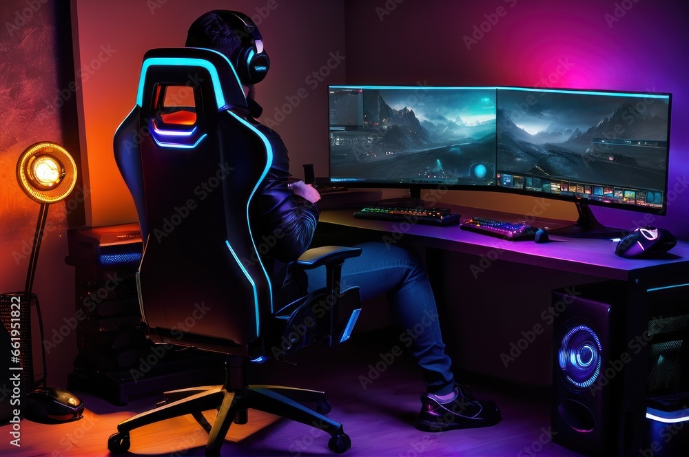 A multi monitor gaming setup with a high-performance gaming computer ...