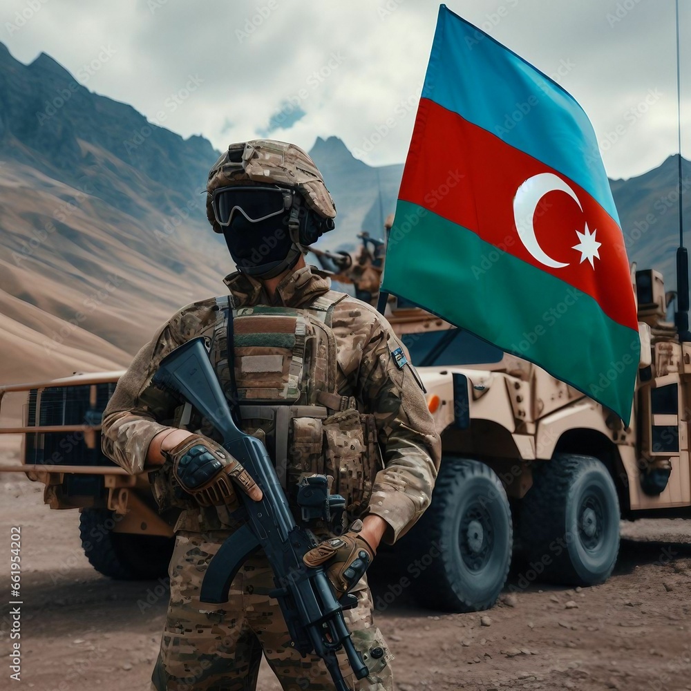 Azerbaijani soldier brandishing flag and gripping machine gun ready for ...