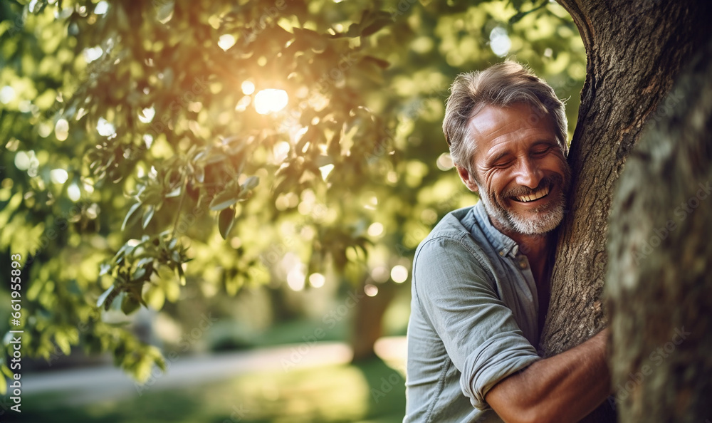Nature lover hugging trunk tree with green musk in tropical woods ...