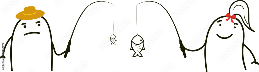 Thumb man. Fishing. Man with small fish and woman with big fish ...