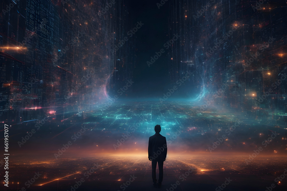 Executive interacting with futuristic technologies and artificial ...