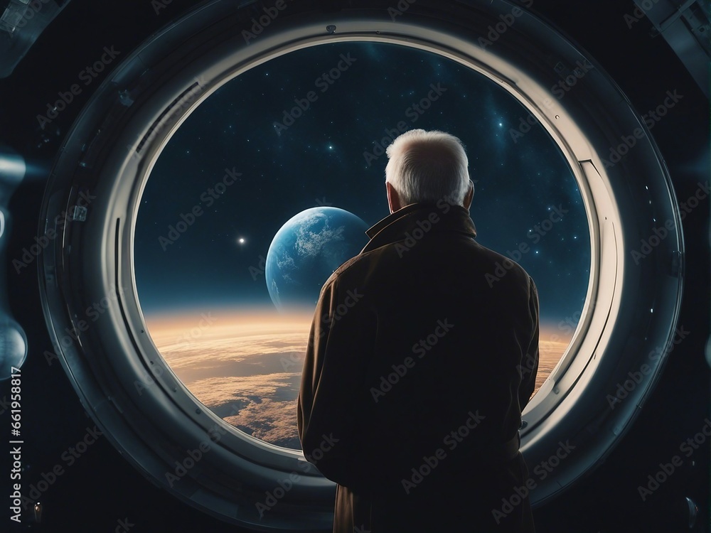 Old man looking at the earth from the porthole of a spaceship. Stock ...