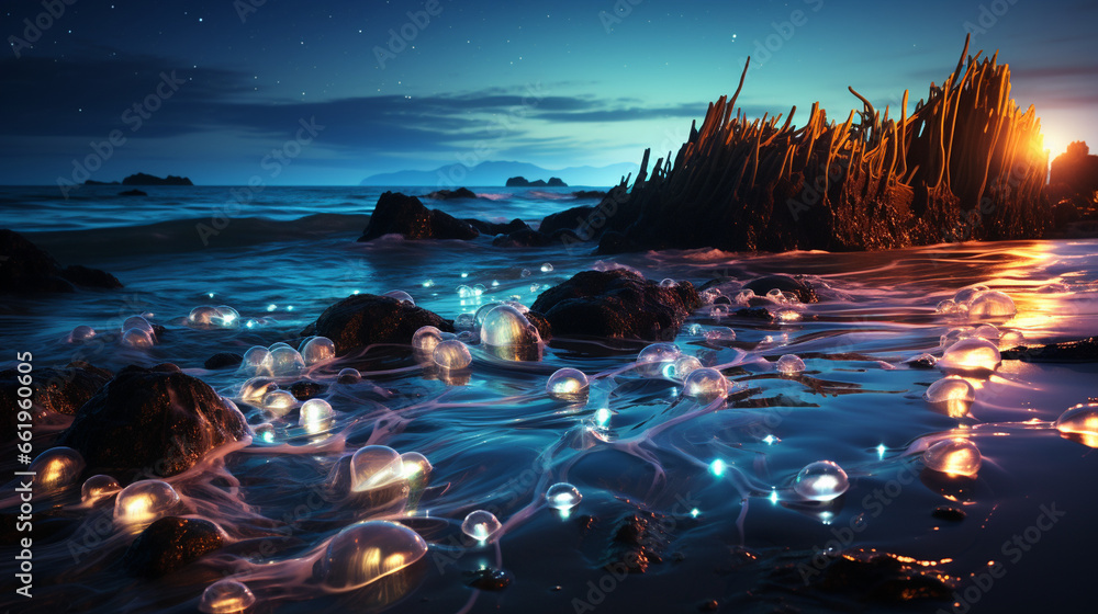 ภาพประกอบสต็อก Bioluminescent Beach: A surreal beach scene featuring ...
