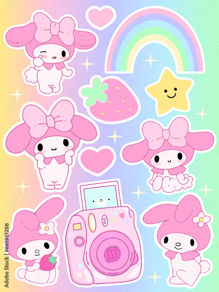 Big sticker set cute cartoon pink bunny with melody, stars, rainbow on ...