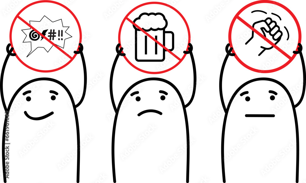 signs, prohibited, allowed, swearing, drink, fighting, stickman, stick ...
