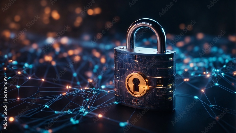 cyber security with an image of a virtual padlock safeguarding a complex network of ...