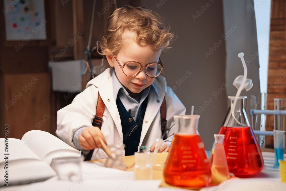 A curious young boy with glasses, dressed as a scientist, conducts an ...