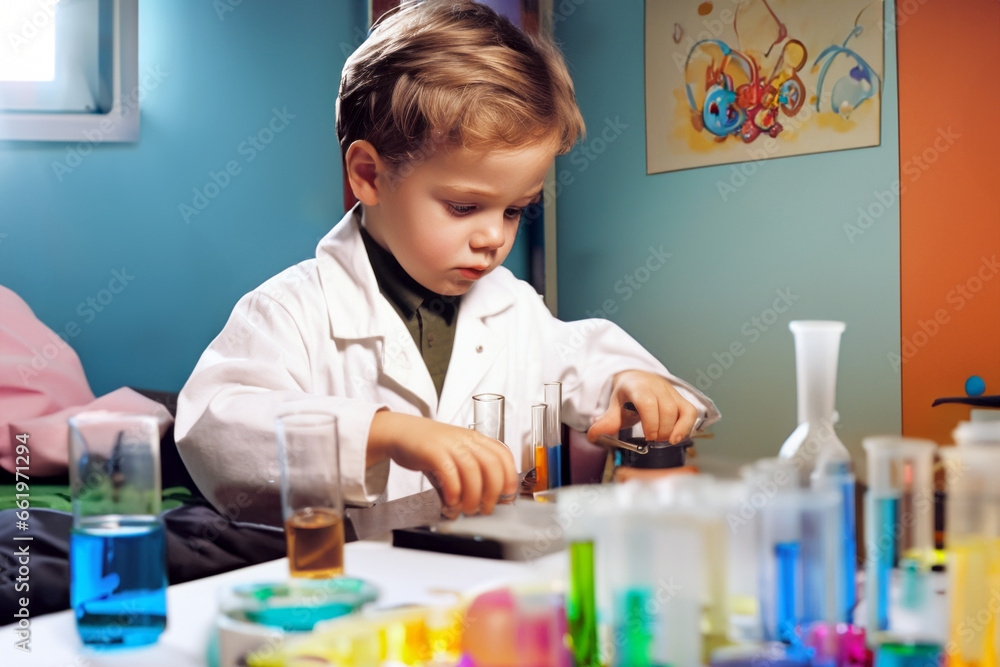 A curious young boy with glasses, dressed as a scientist, conducts an ...