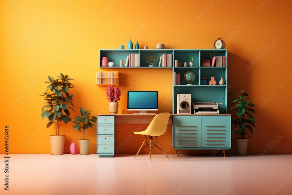 Home office interior with bookshelf and computer. Office cubicle or ...