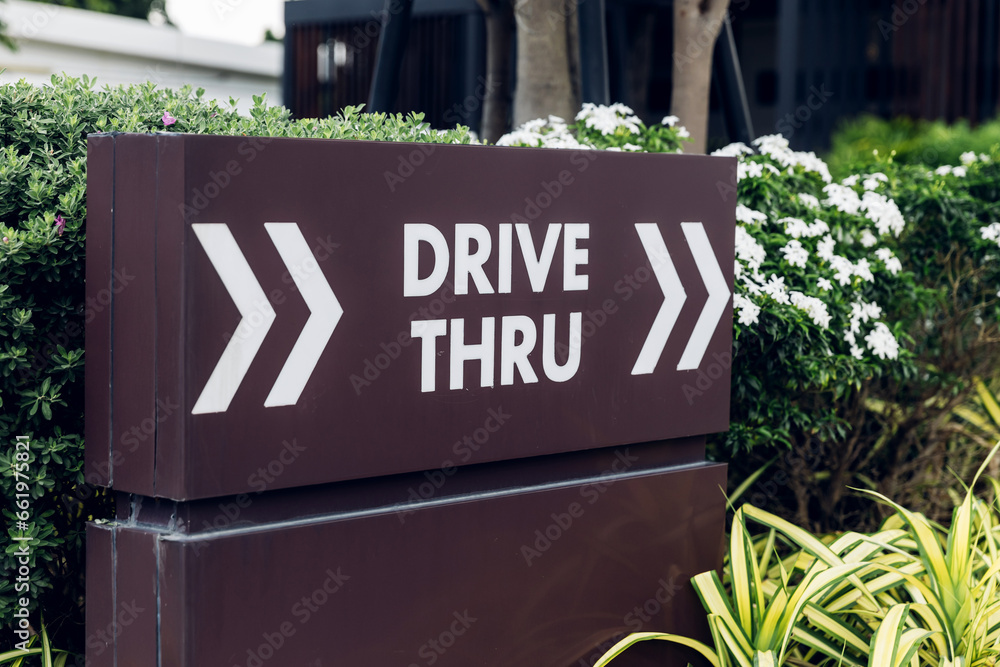 Drive thru sign in fast food restaurant. Drive thru sign into the shop ...