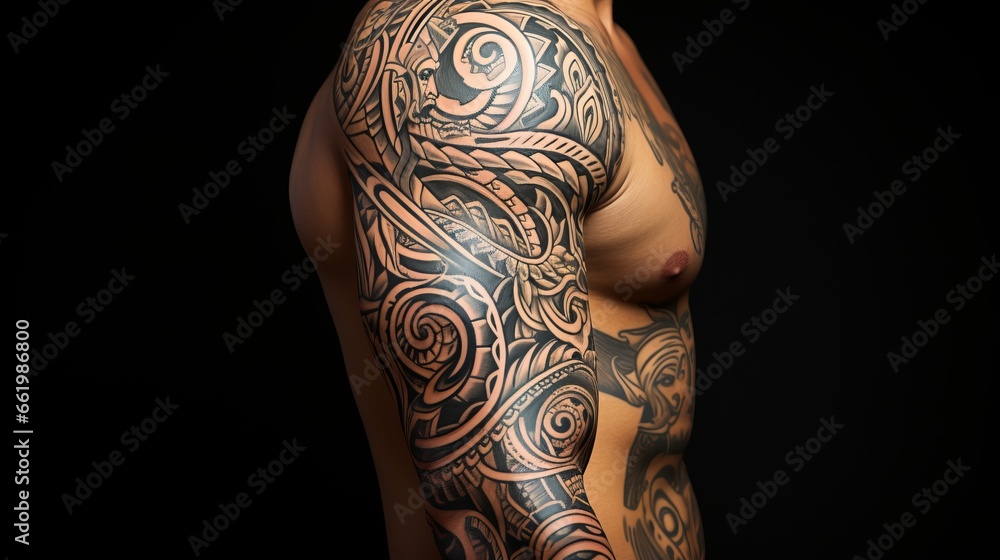 Polynesian style tattoo on a man's muscular and athletic body. Patterns ...