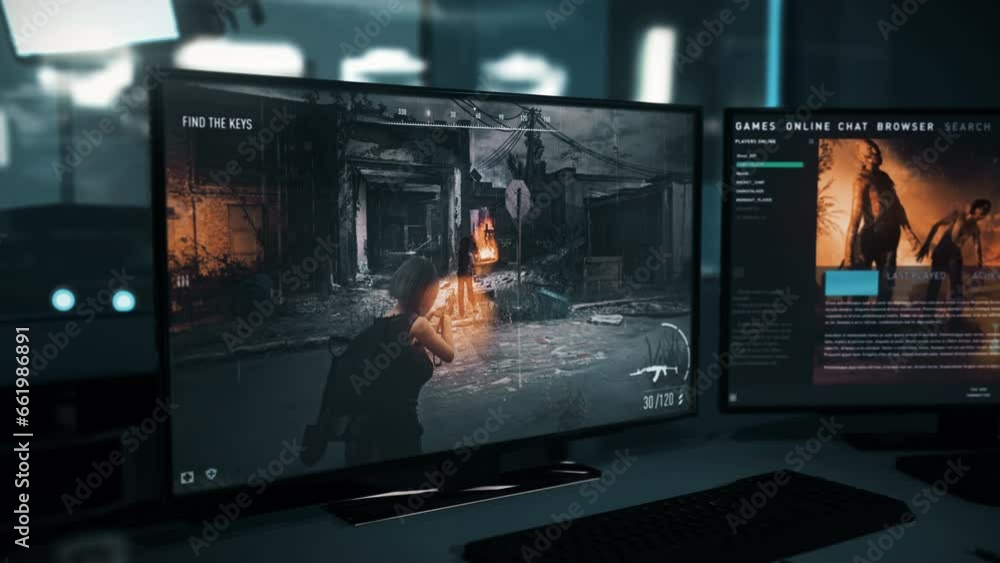 Loading on the level of a modern horror computer game. Shooting at the ...