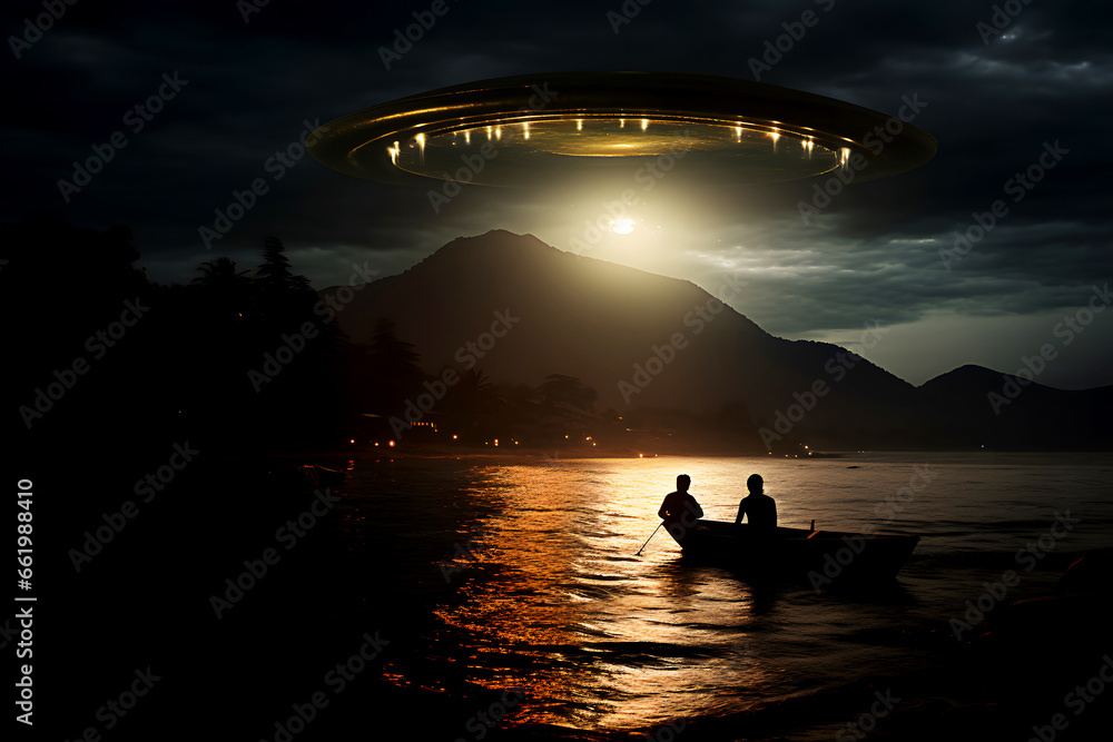 Two people in boat look at space alien ship landing above the water ...