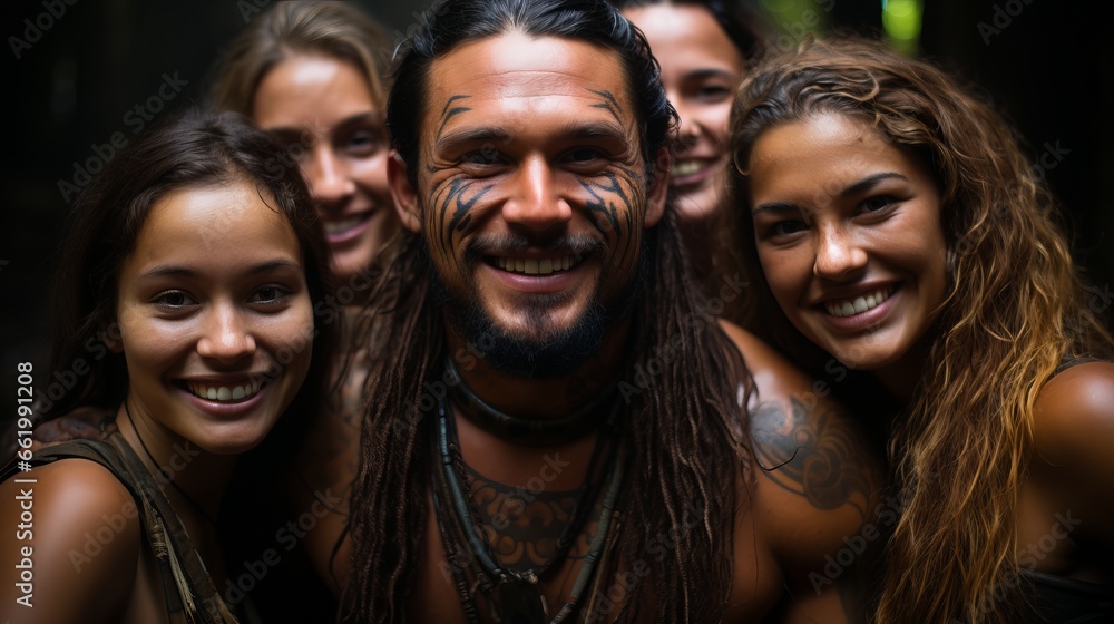 Polynesian tribe, Maori people. Village life in a picturesque area with ...