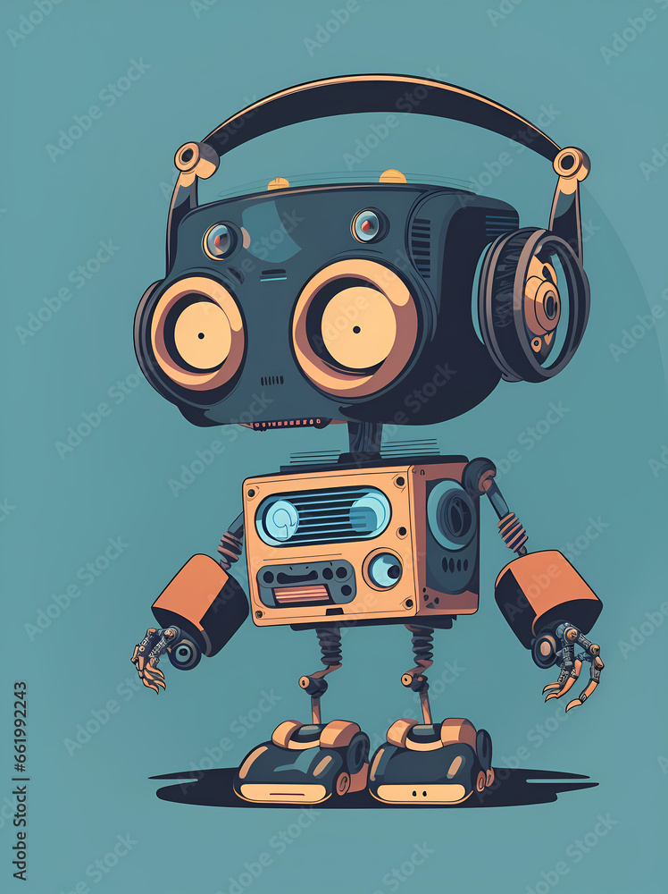 Illustration of a futuristic AI robot wearing headphones and a radio ...
