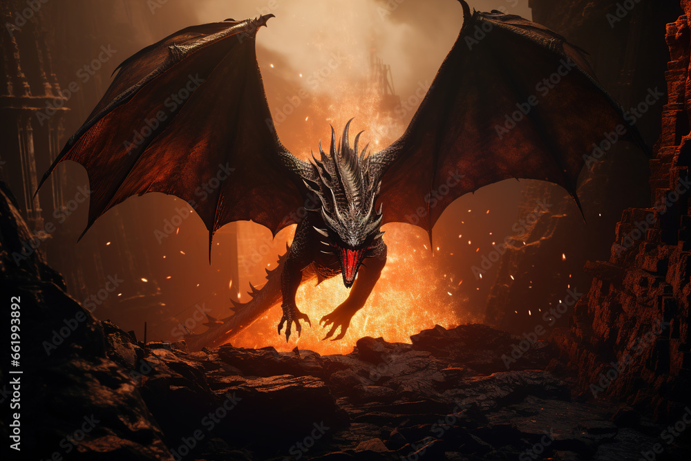Amidst a scorched battlefield, a dragon stands triumphant. With every ...