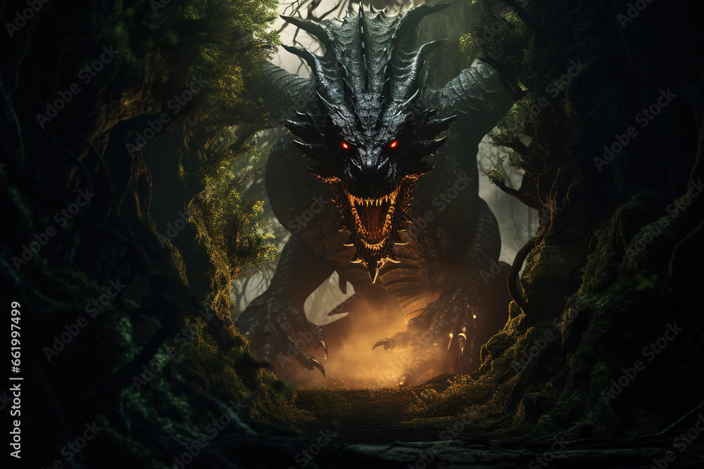 In a dense, shadowed forest, a dragon emerges from behind ancient trees ...