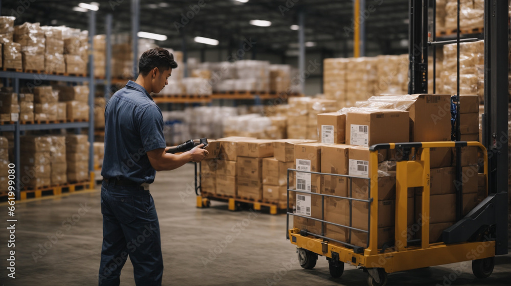 Worker in warehouse unloading process at the warehouse cold storage ...