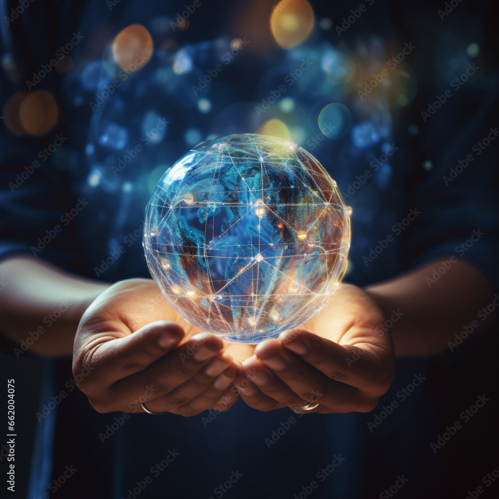 Clasped hands cradling a crystalline Earth globe, with a circular ...