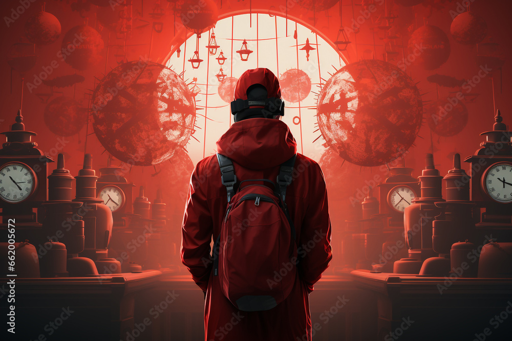 Rear view of man wearing red lab coat, cap, gas mask, bag with red ...