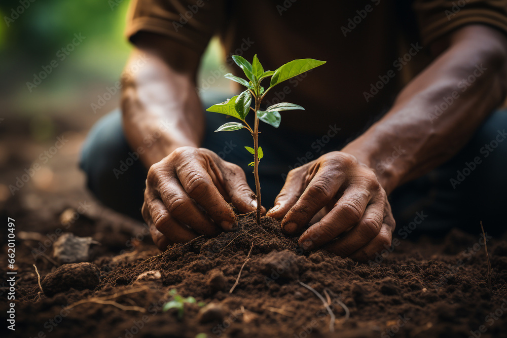 Pair of hands carefully planting a tree in nutrient rich soil ...