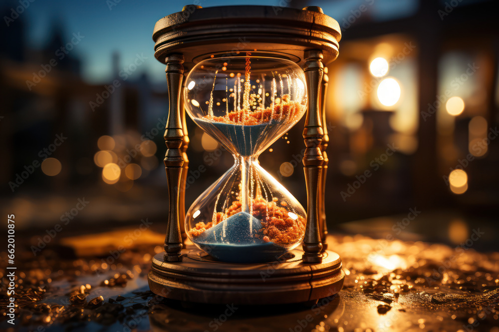 A broken hourglass releasing its last grains of sand, illustrating the ...
