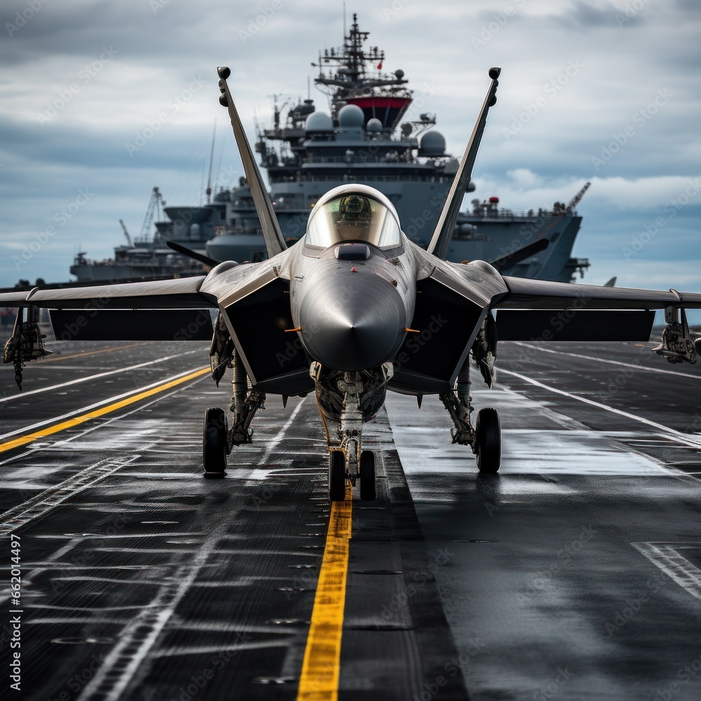 Fighter jet taking off from the deck of an aircraft carrier Stock Photo ...